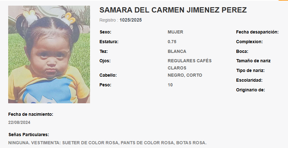 ALERTA AMBER CHIAPAS 2025: Samara del Carmen Jiménez desapareció en San ...