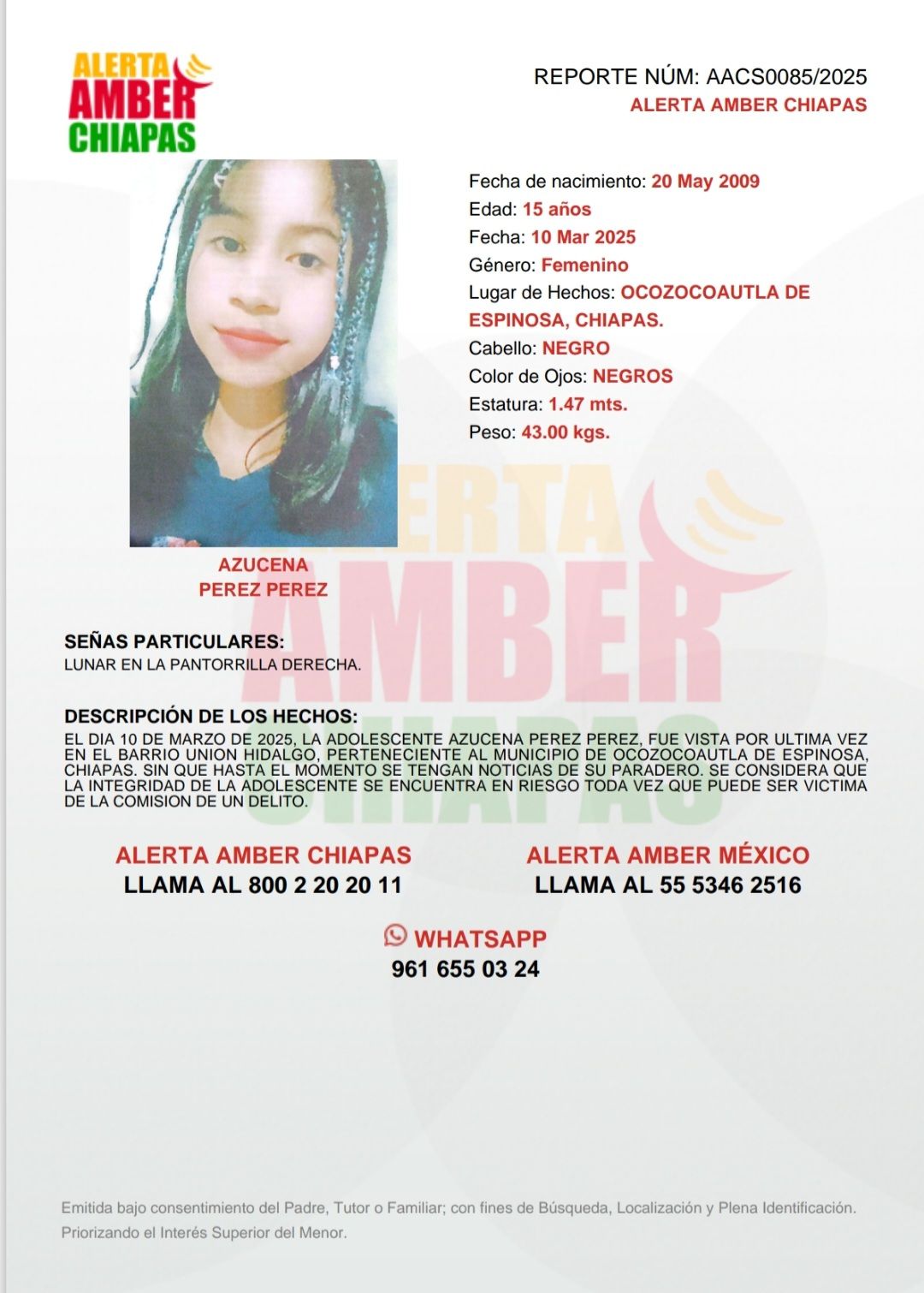 ALERTA AMBER CHIAPAS: Azucena Pérez Pérez desapareció en Ocozocoautla