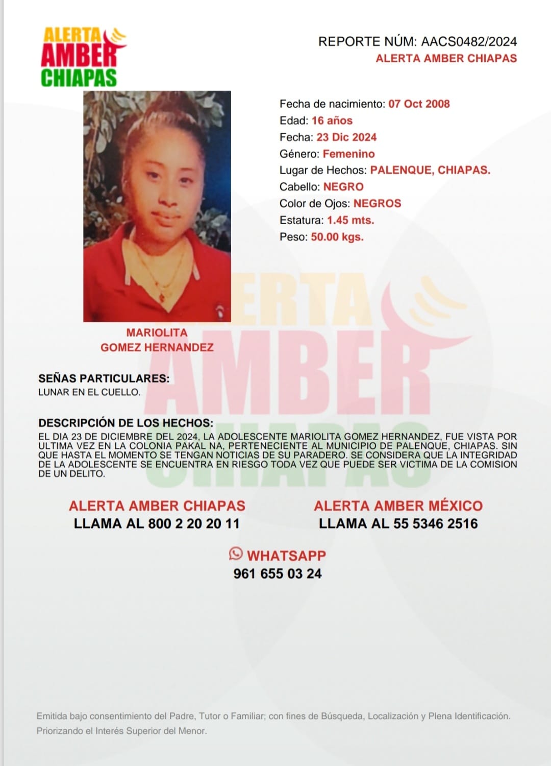 ALERTA AMBER Chiapas: Mariolita Gómez tiene 16 años y fue vista por ...