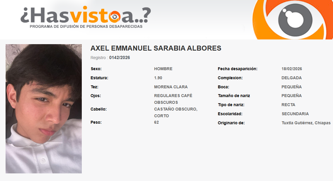 Axel Emmanuel Sarabia Albores desapareció en Tuxtla Gutiérrez