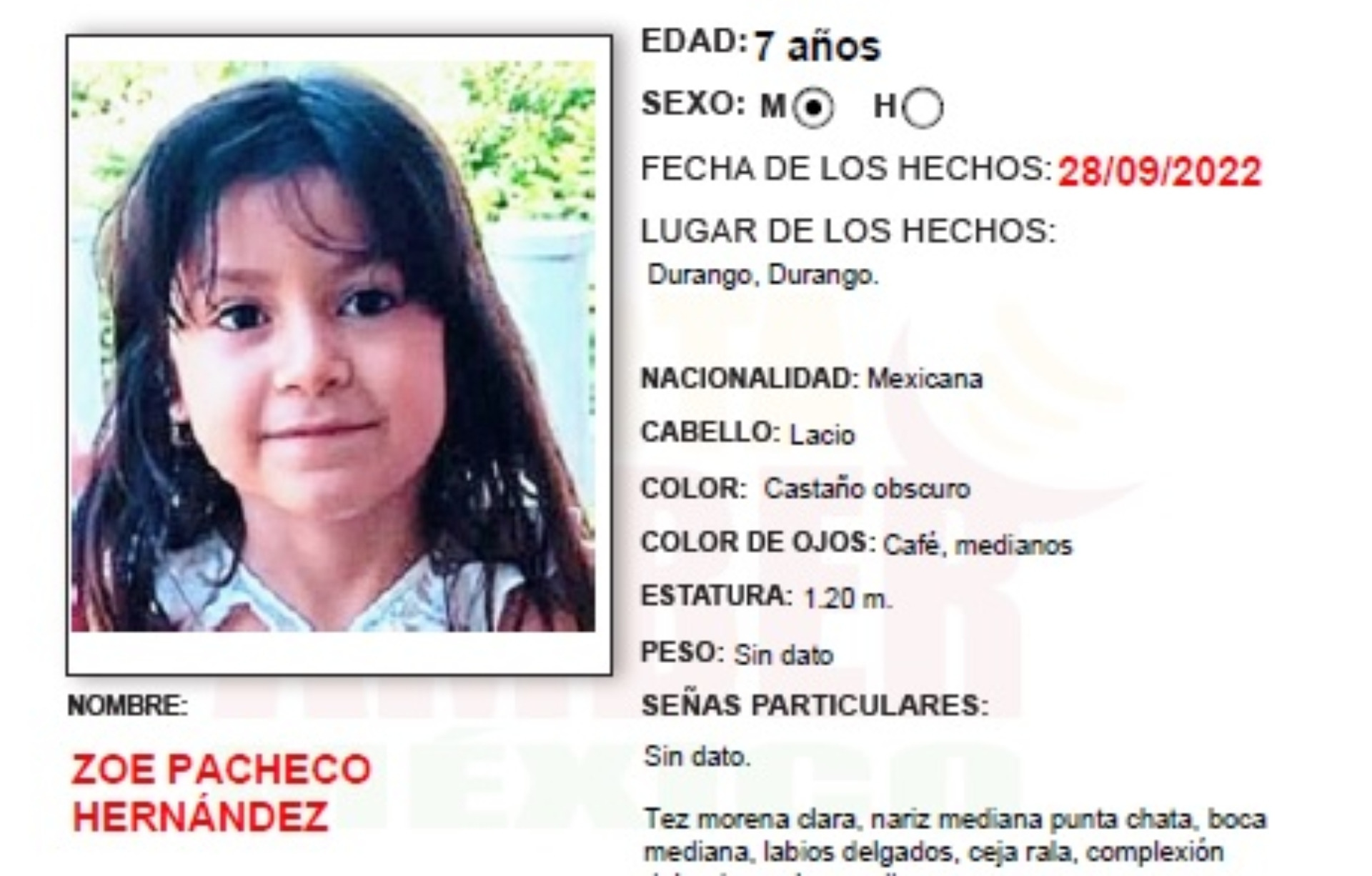 ALERTA AMBER para hallar a Zoe Pacheco en Durango