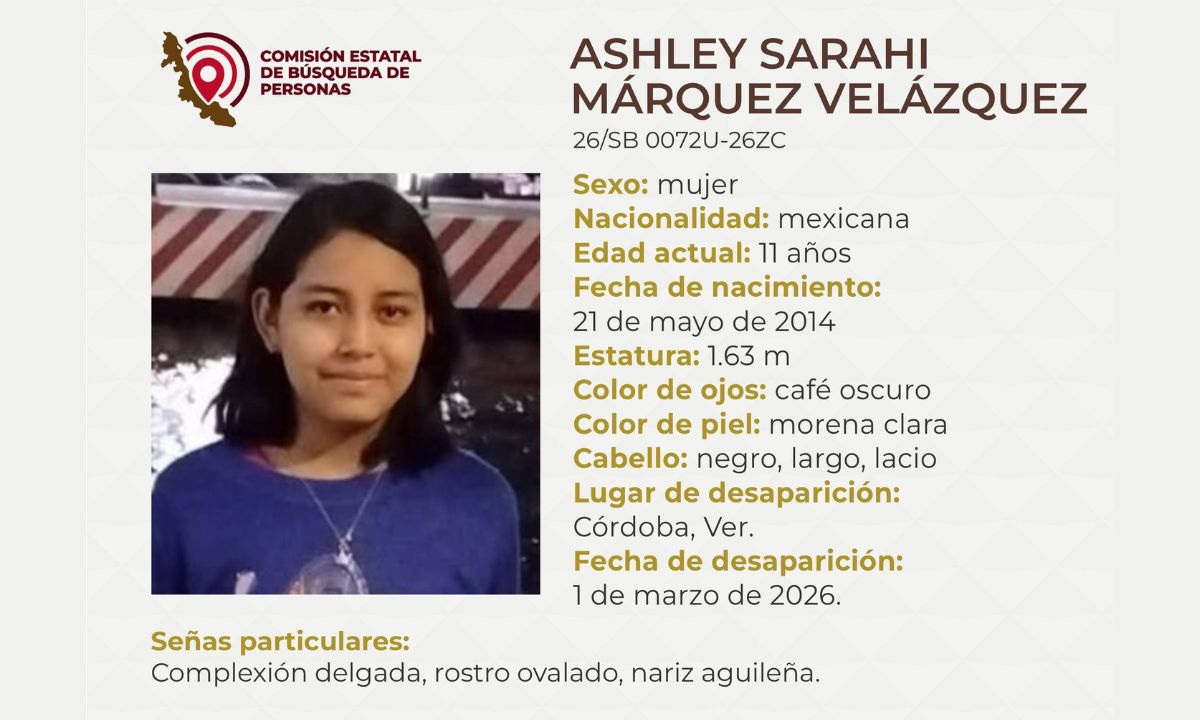 ¿Quién es Ashley Sarahí, menor desaparecida en Córdoba el 1 marzo 2026?