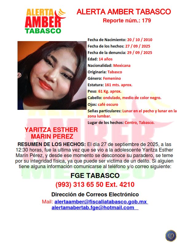 ALERTA AMBER TABASCO: Yaritza Esther Marín Pérez desapareció en Centro