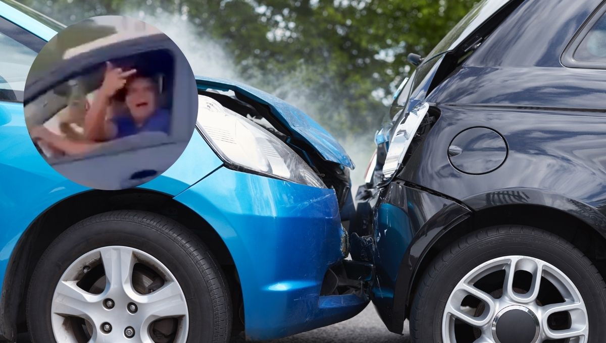 Hace grosería al volante y termina chocando