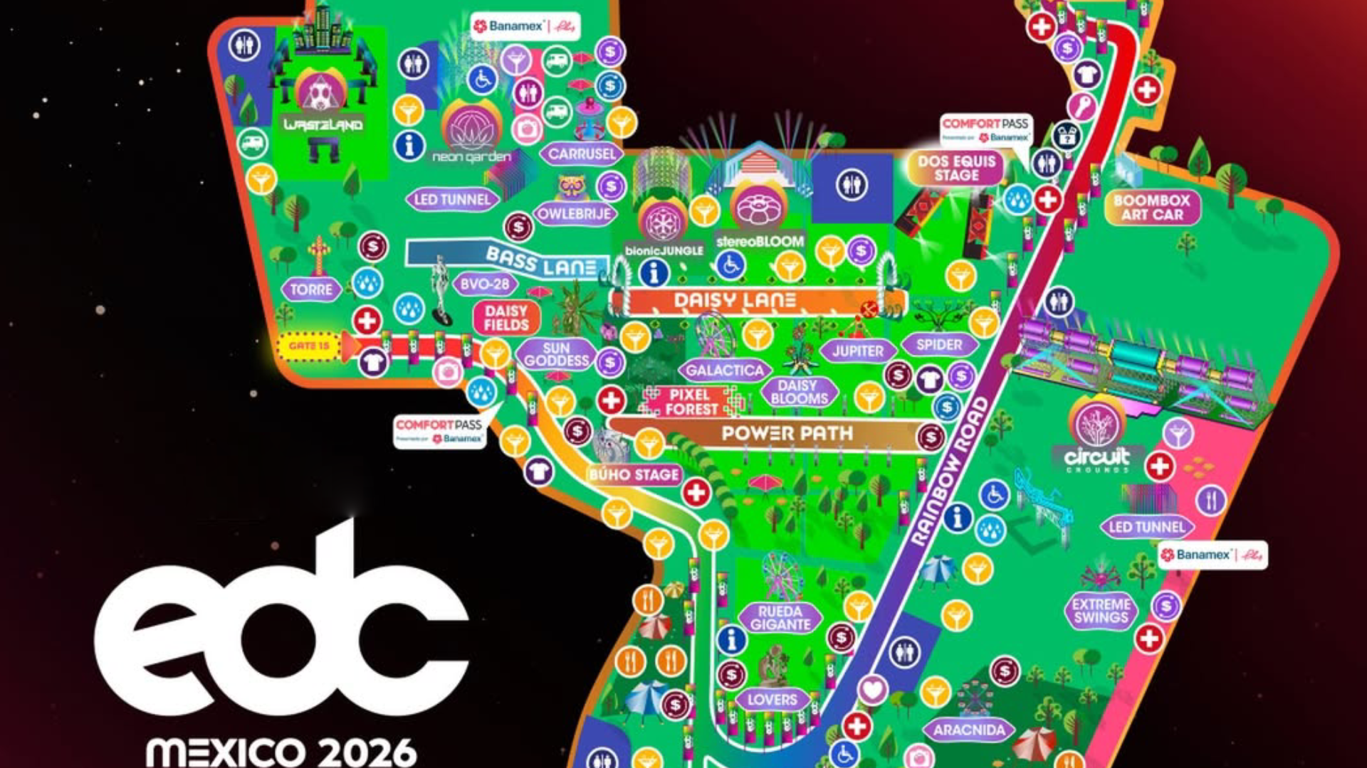 Mapa EDC México 2026 completo: Baños, escenarios, zonas de comida y ...