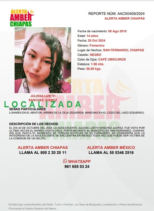 Tras Alerta Amber, es LOCALIZADA, Julissa Lizeth Sánchez Juárez, de 14 ...