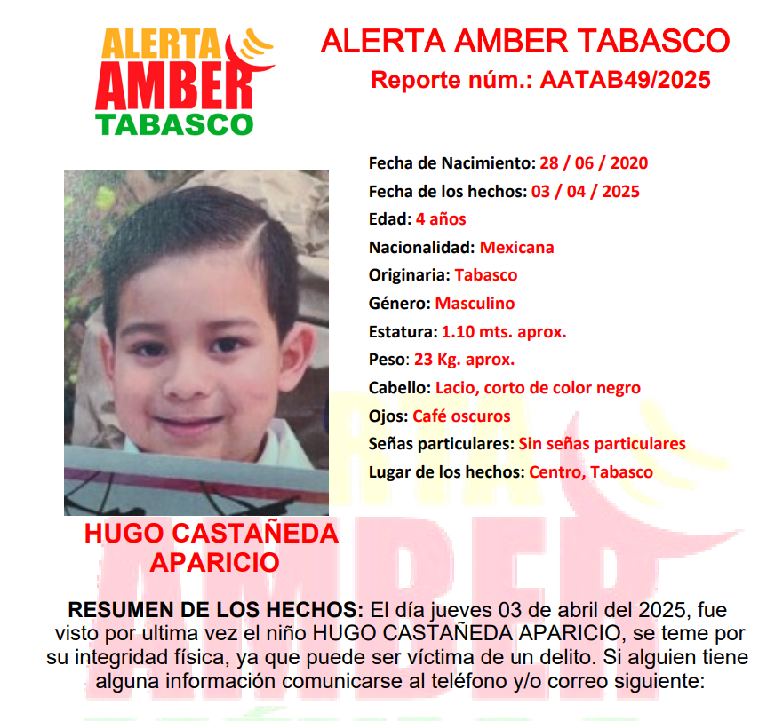 ALERTA AMBER TABASCO 2025: Hugo Castañeda Aparicio desapareció en Centro