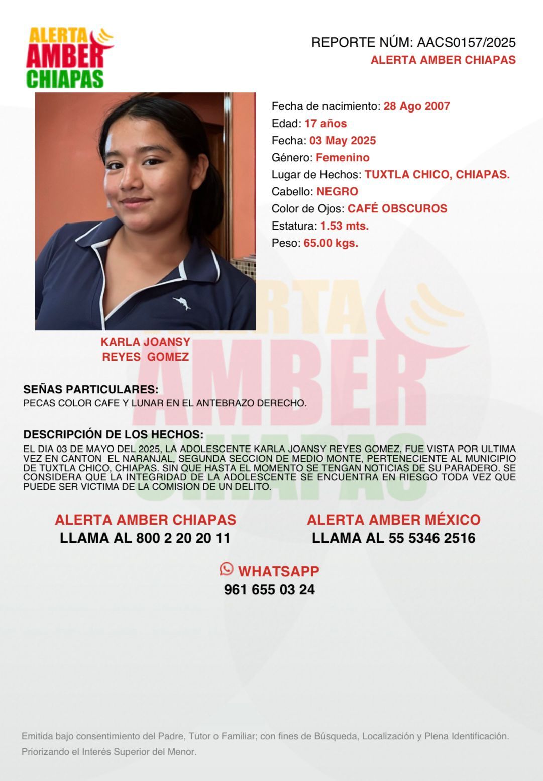 ALERTA AMBER CHIAPAS: Karla Joansy Reyes Gómez desapareció en Tuxtla Chico