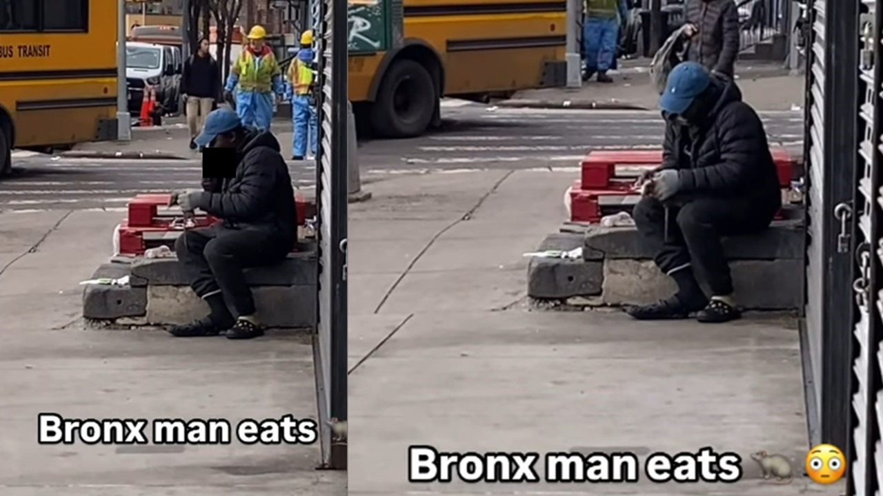 Hombre en situación de calle se come una rata muerta