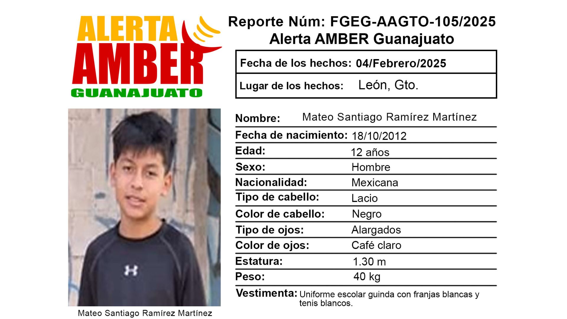 Alerta Amber en Guanajuato: Desaparece Mateo Santiago Ramírez Martínez de 12 años en León