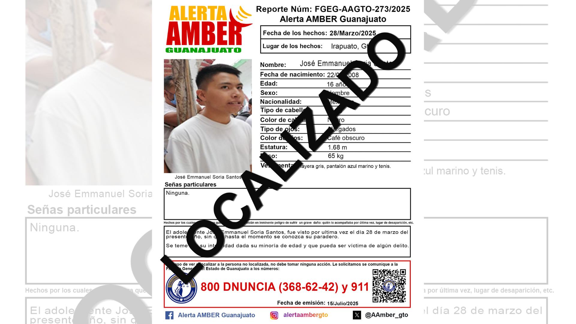 Localizan sin vida a José Emmanuel Soria Santos el 15 de julio 2025