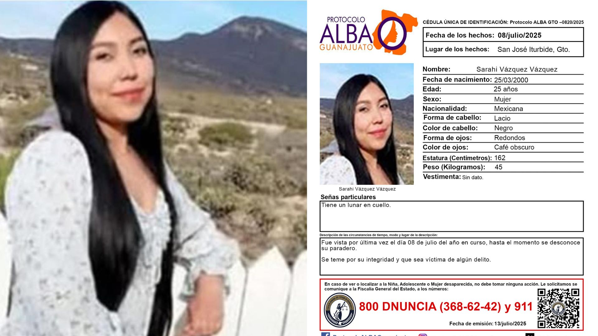 Desaparecida Sarahí Vázquez Vázquez San José Iturbide, Gto 8 Julio 2025 ...