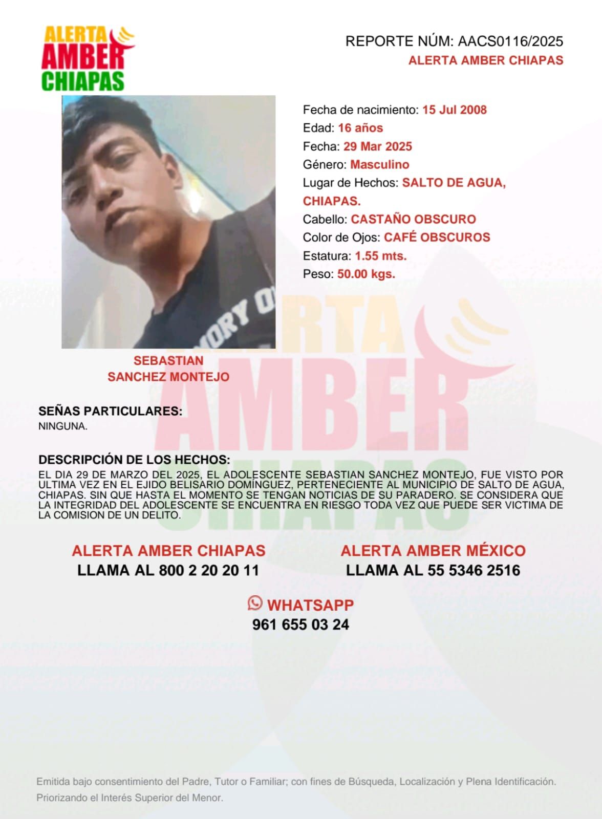 Alerta Amber Chiapas: Sebastián tiene 16 años y desapareció en Salto de ...