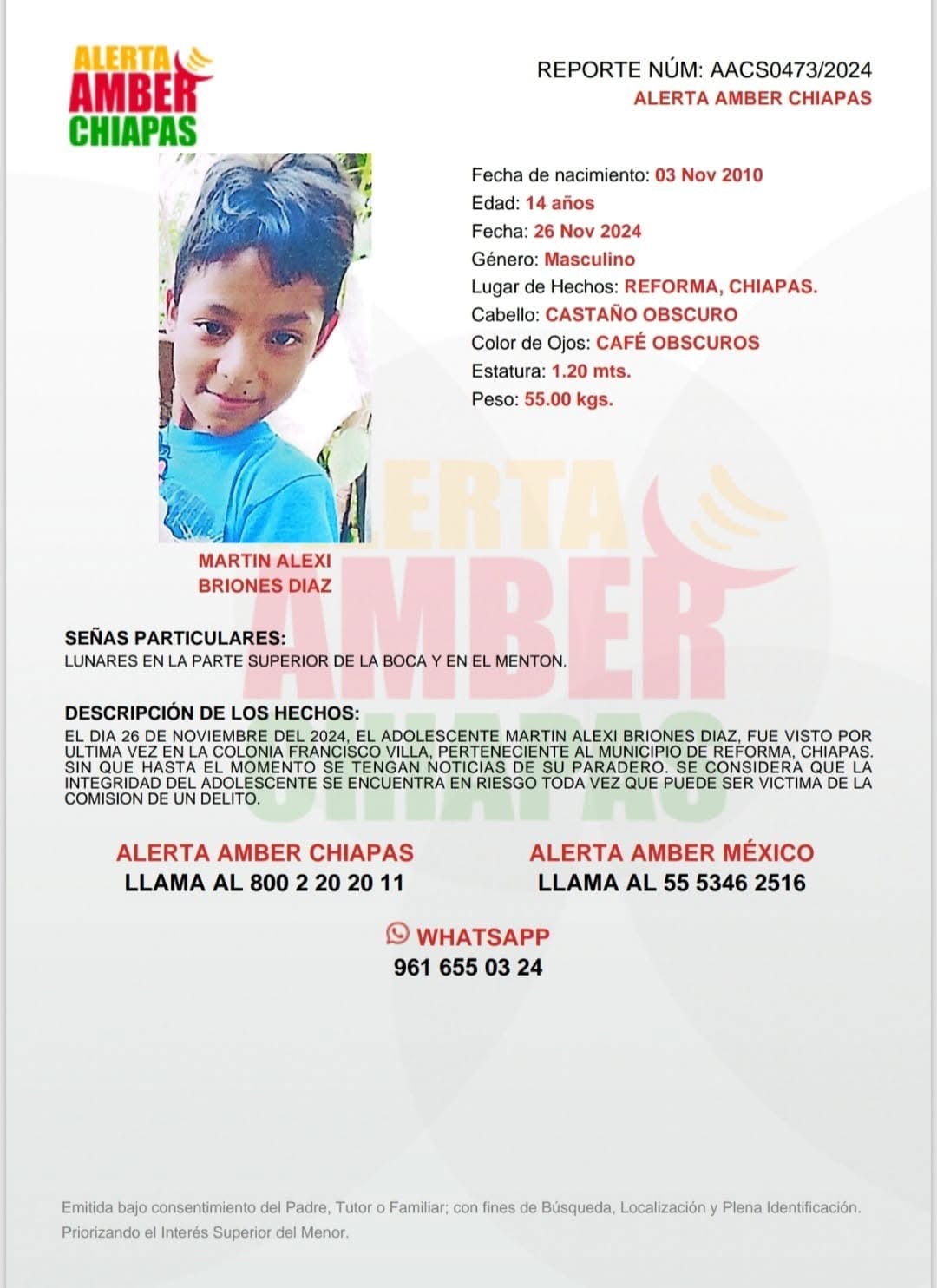 ALERTA AMBER Chiapas: Martín Briones tiene 14 años y fue visto por última vez en Reforma
