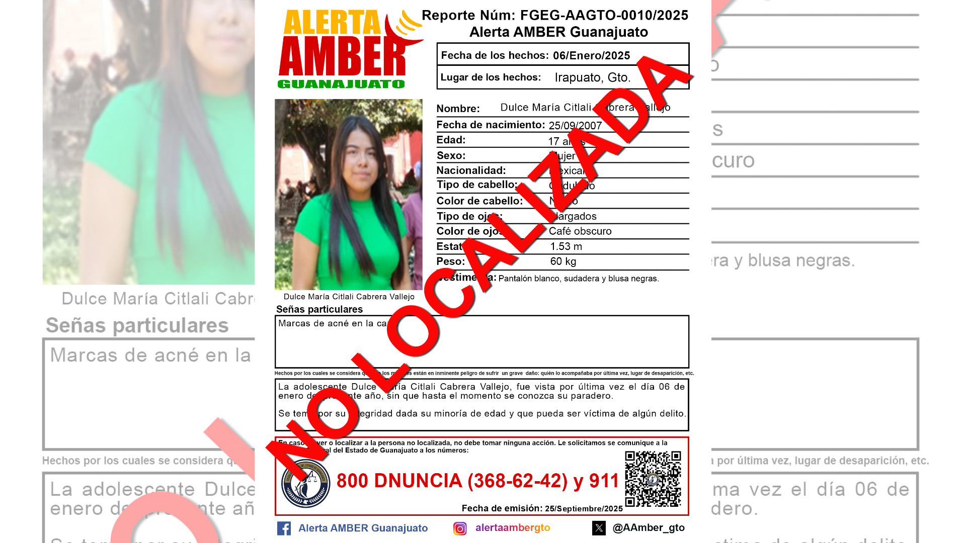 Desaparecidos Guanajuato: Desactivan de Dulce María Citlali Cabrera Vallejo