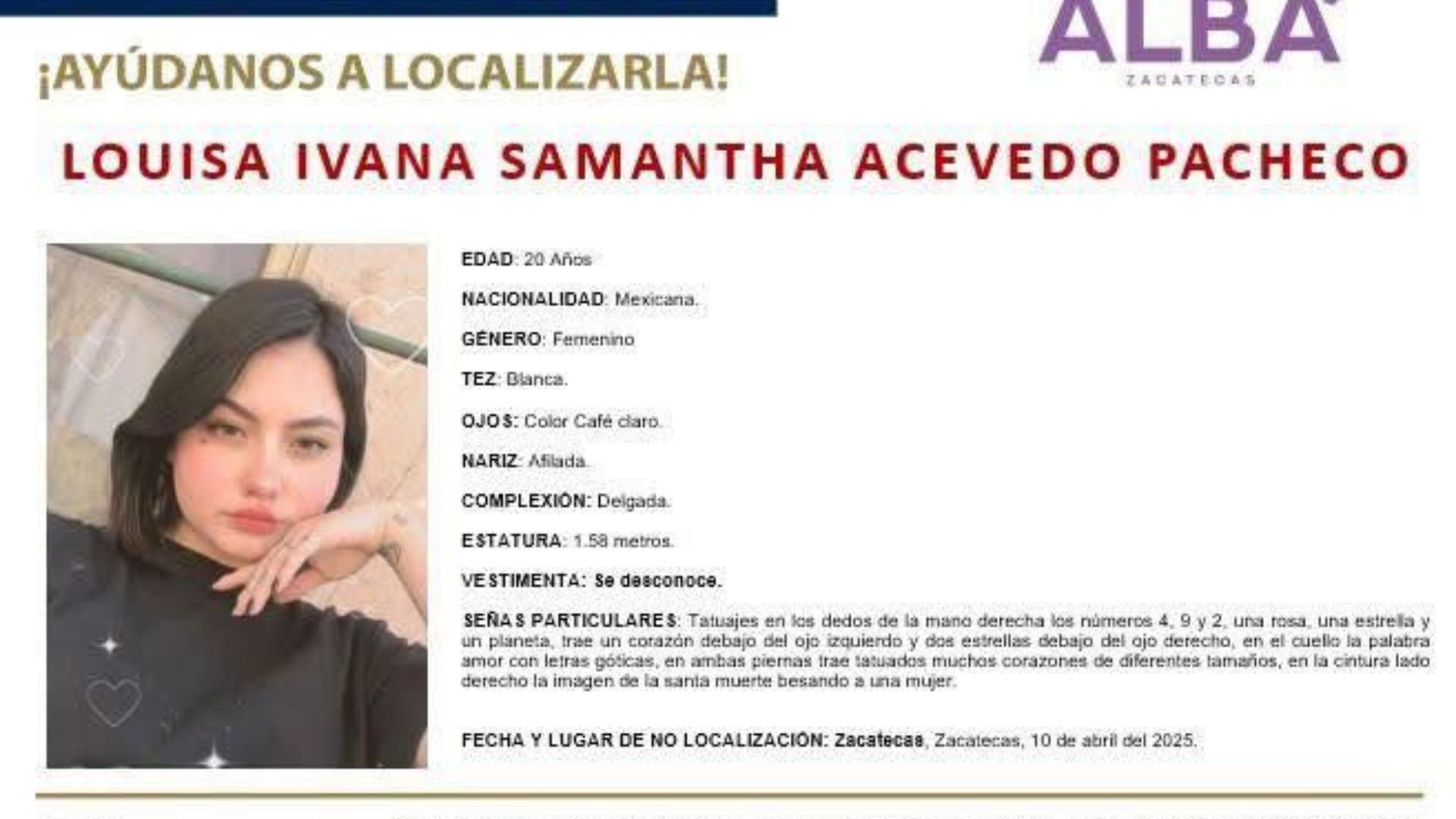 Activan Protocolo Alba en Zacatecas tras desaparición de Louisa Ivana ...