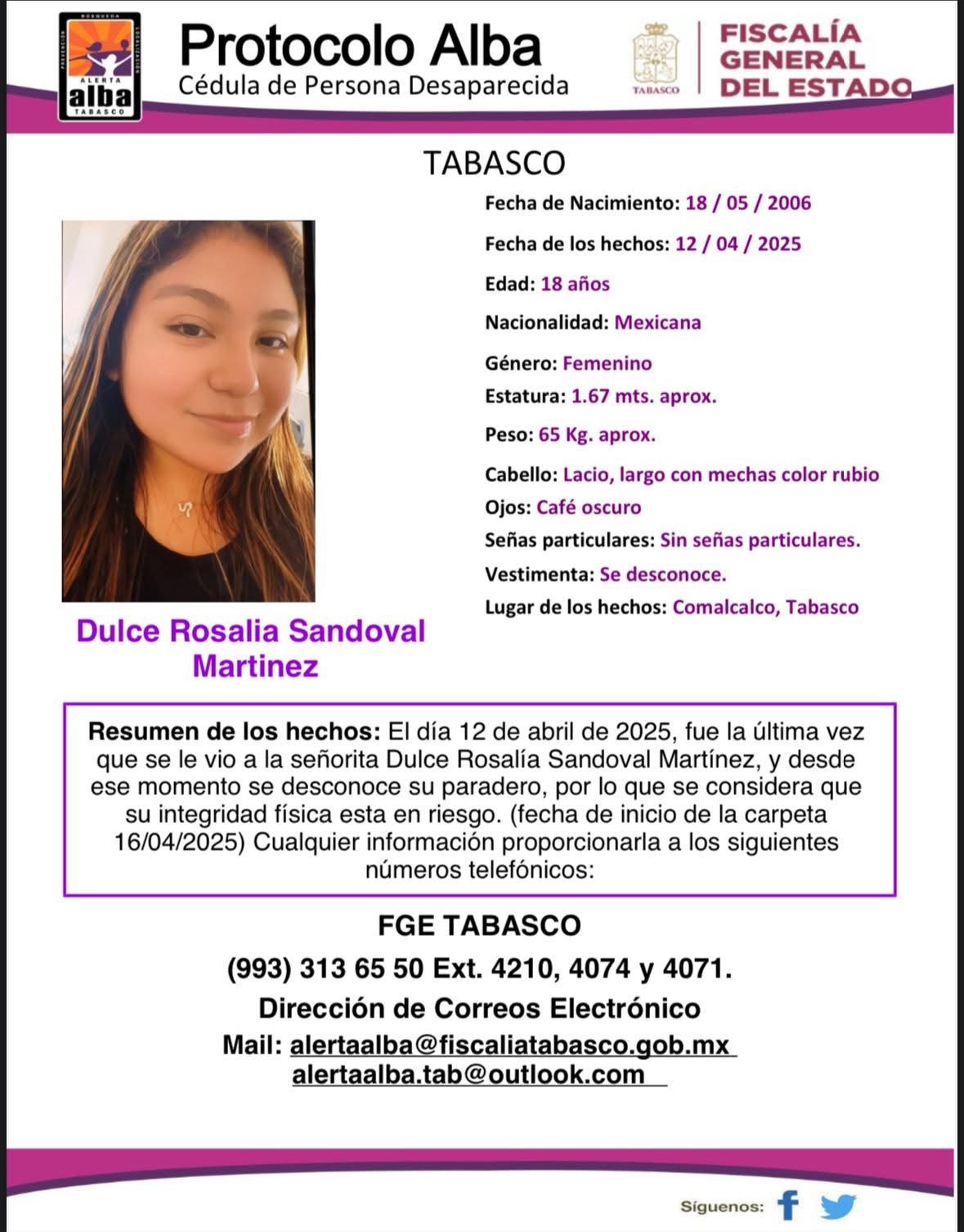 Protocolo Alba Tabasco: Dulce Rosalía tiene 18 años y desapareció en Comalcalco