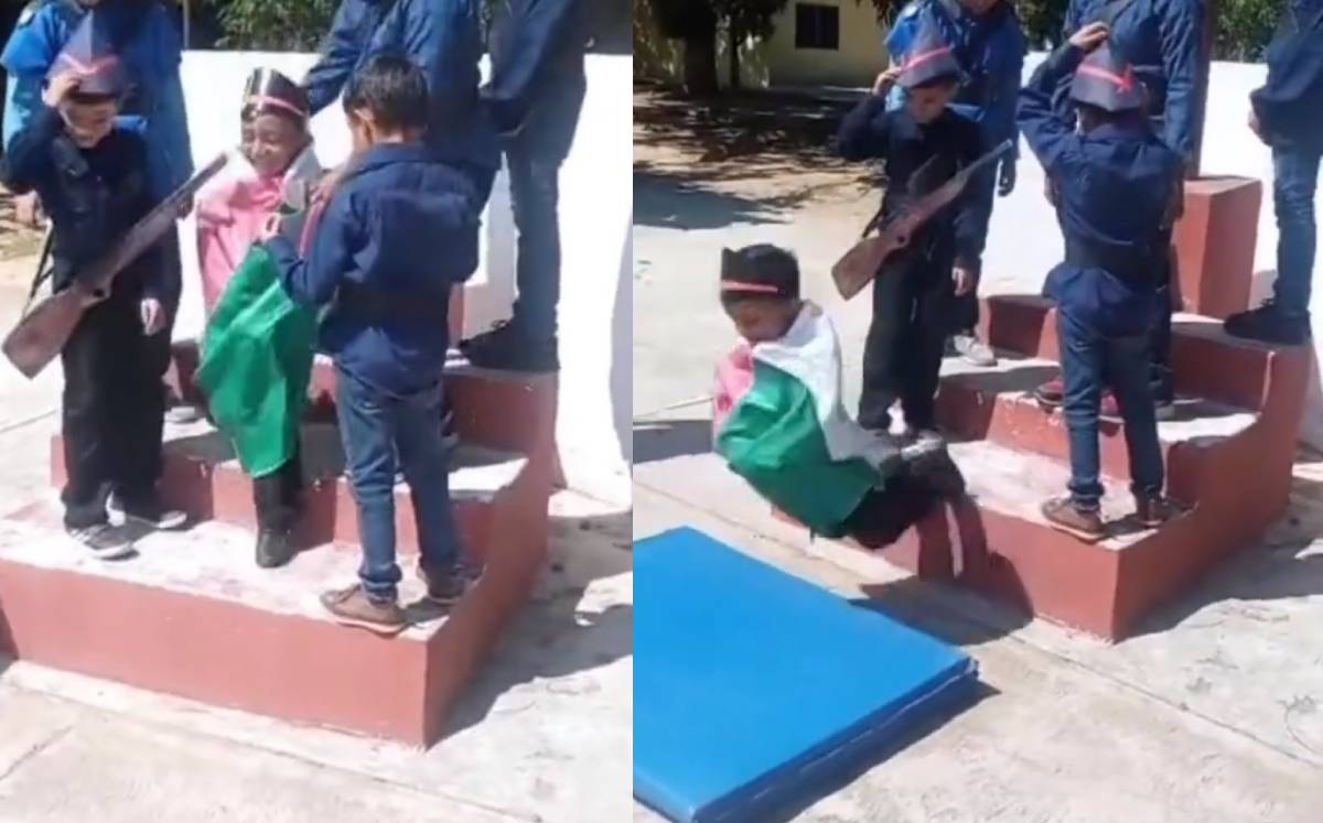Niño caracterizado como Juan Escutia se lanza con bandera de México