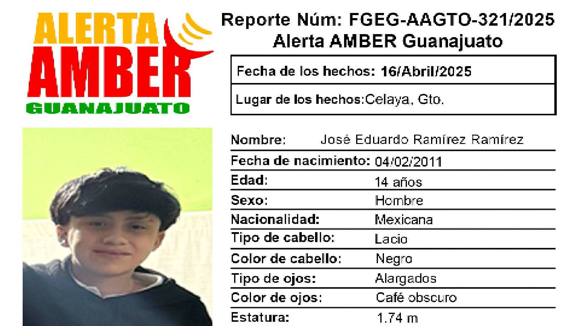 Alerta Amber Celaya: Buscan a Eduardo Ramírez, desaparecido desde el 16 de abril 2025