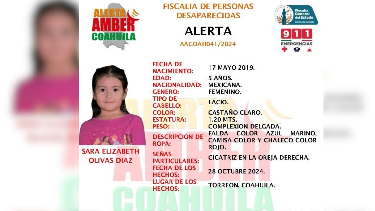 En Torreón, buscan a Sara Elizabeth, niña de 5 años desaparecida