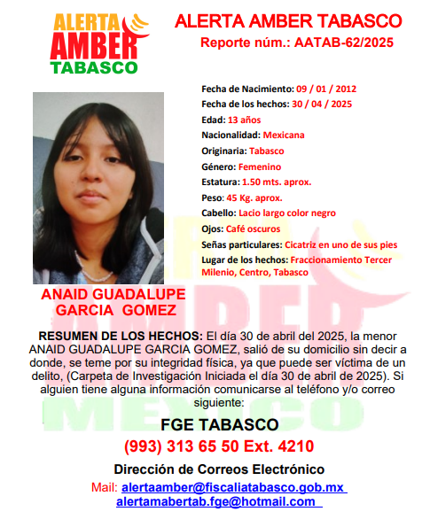 ALERTA AMBER TABASCO 2025: Anaid Guadalupe García Gómez