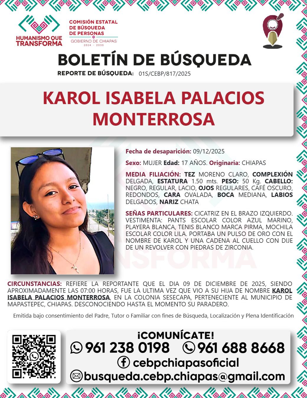 Karol Isabela tiene 17 años y está desaparecida en Mapastepec, Chiapas
