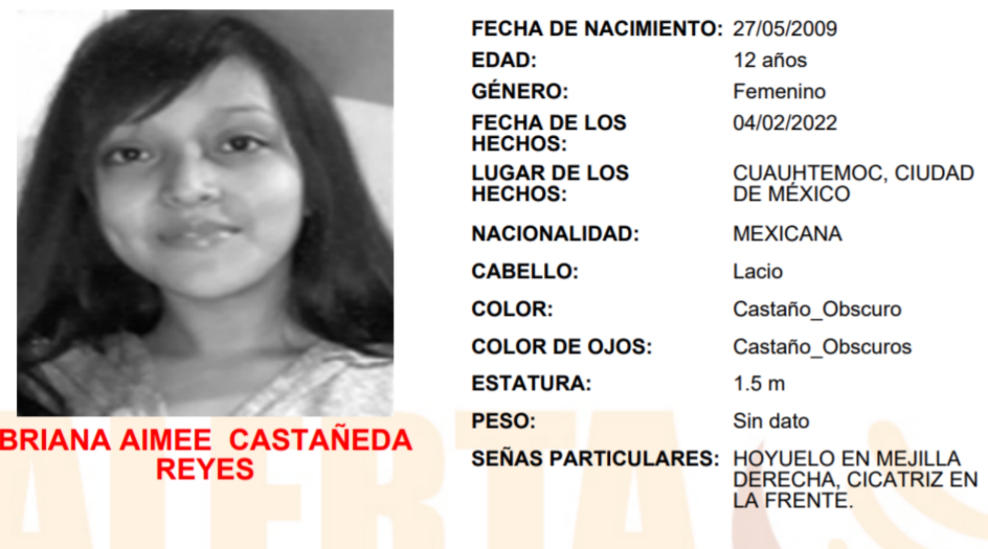 ALERTA AMBER para localizar a Briana Aimee Castañeda en la CDMX