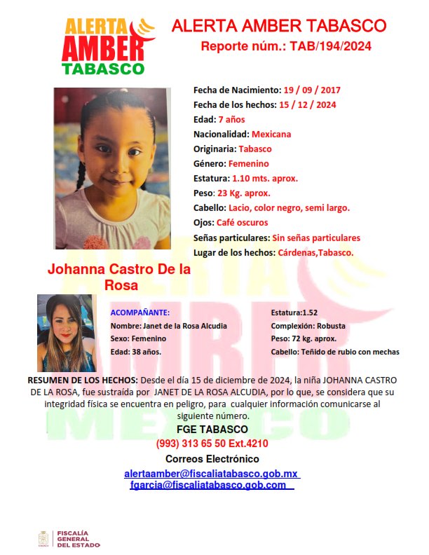 ALERTA AMBER Tabasco: Johanna Castro tiene 7 años y fue vista por ...