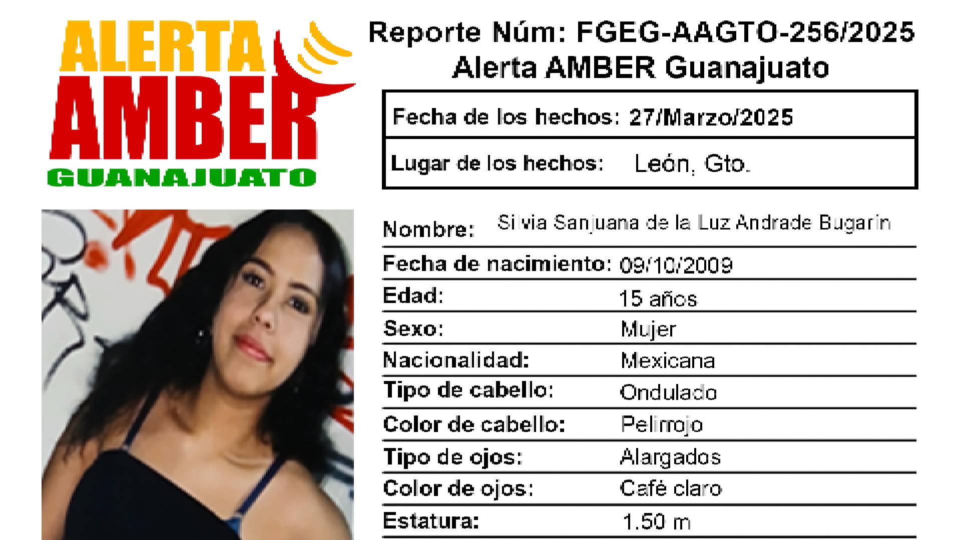 Alerta Amber León Silvia Sanjuana de la Luz Andrade Bugarín desaparecida 2025