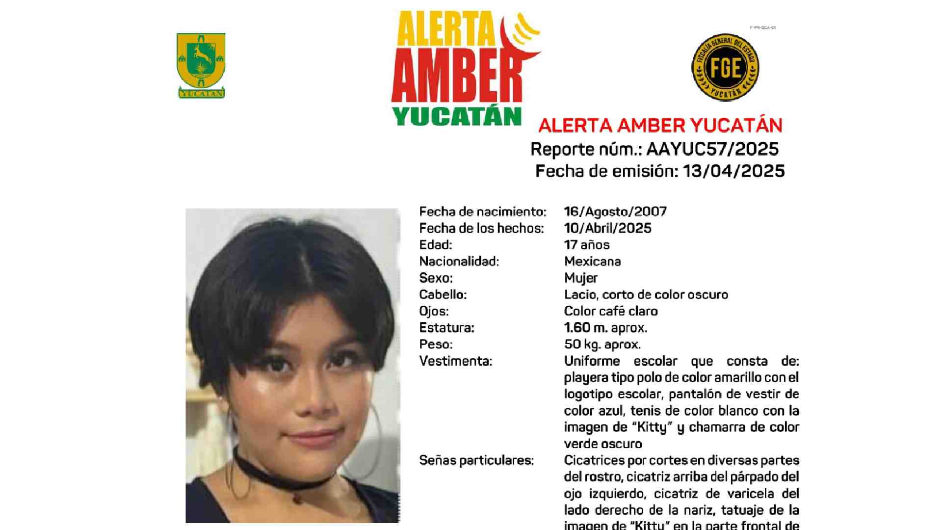 Alerta Amber en Yucatán: Desaparece María Fernanda, joven de 17 años de edad