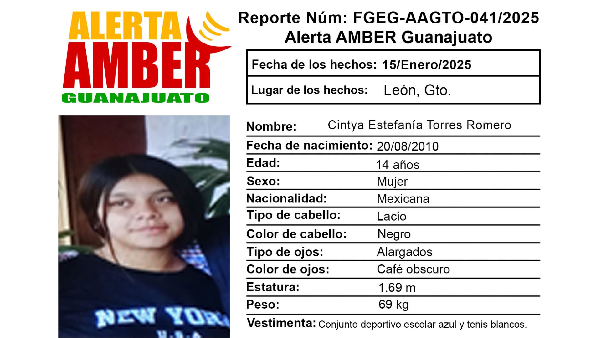 Alerta Amber en Guanajuato: Desaparece Cintya Estefanía en León