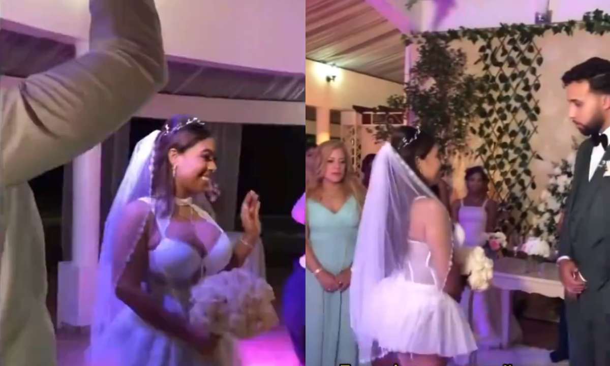 Con mini vestido de novia, mujer sorprende a su prometido en su boda