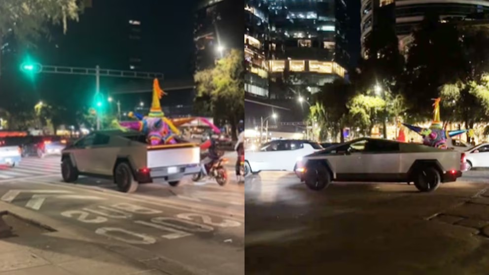 cybertruck transportando una piñata gigante en CDMX