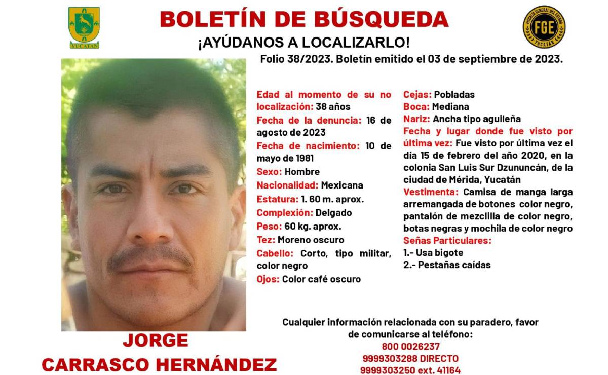 Emiten boletín de búsqueda por hombre desaparecido en Yucatán