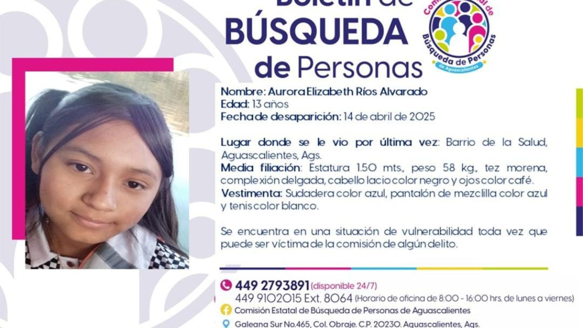 Alerta Ámber Aguascalientes: Desaparece Aurora Ríos Alvarado de 13 años ...