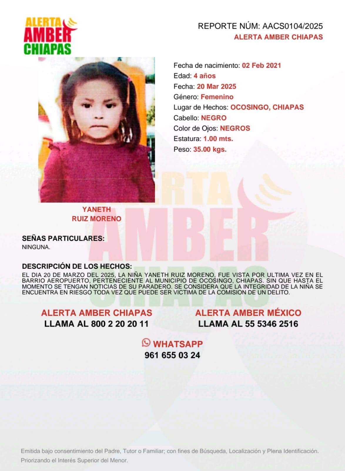 ALERTA AMBER CHIAPAS 2025: Andrea Yamileth Ruiz Moreno y Yaneth Ruiz Moreno