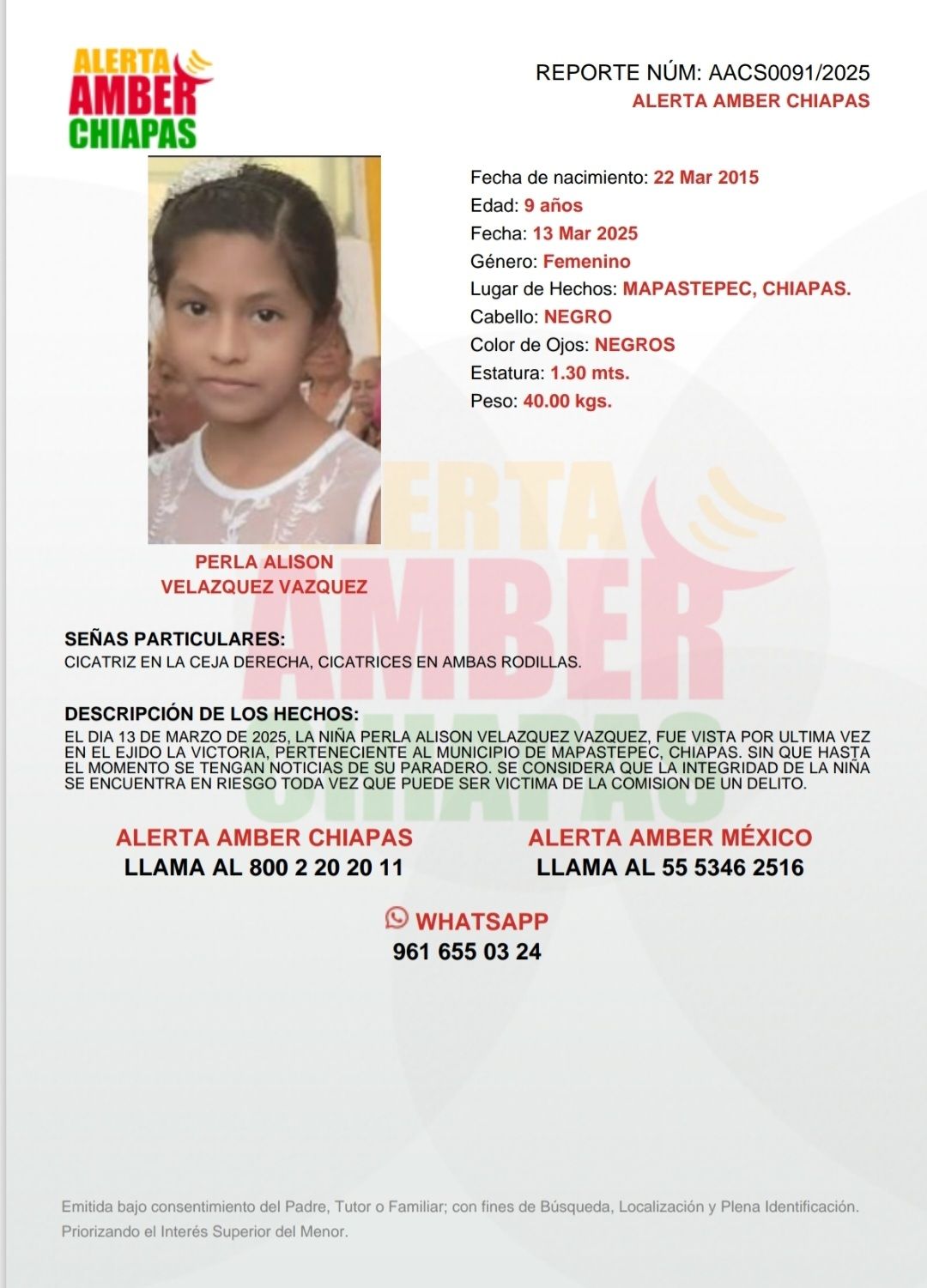 ALERTA AMBER CHIAPAS: Perla Alison Velázquez Vázquez despareció en ...