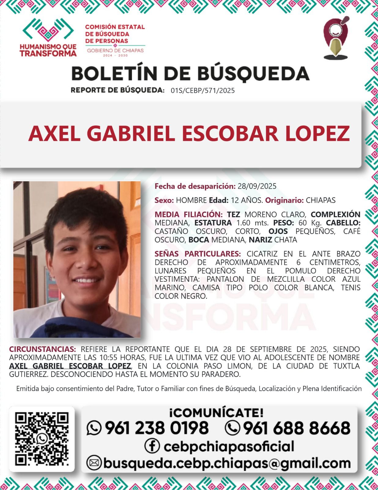 Axel Gabriel tiene 12 años y desapareció en Tuxtla Gutiérrez, Chiapas
