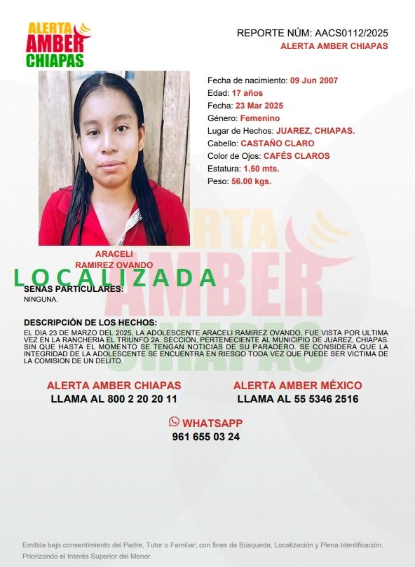 ALERTA AMBER CHIAPAS: Araceli Ramírez Ovando es localizada en Juárez