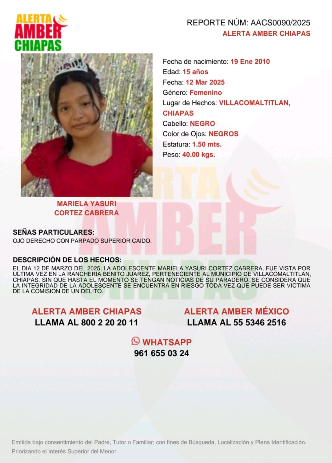 ALERTA AMBER CHIAPAS: Mariela Yasuri Cortez Cabrera desapareció en Villa Comaltitlán