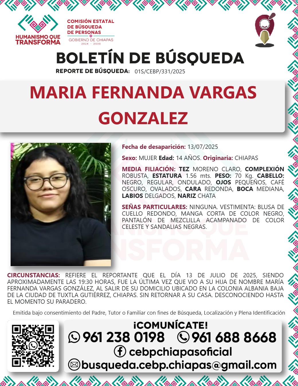 María Fernanda tiene 14 años y desapareció en Tuxtla Gutiérrez, Chiapas
