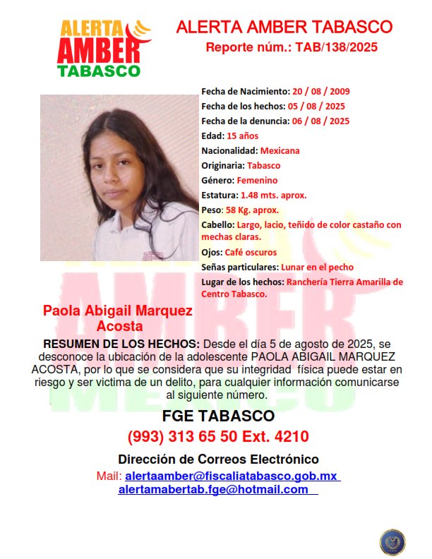 ALERTA AMBER TABASCO: Paola Abigail Márquez Acosta desapareció en Centro