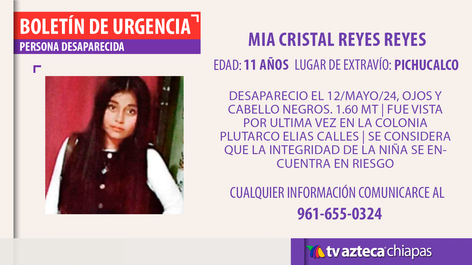 ALERTA AMBER: Mía Cristal Reyes Reyes de Pichucalco, Chiapas