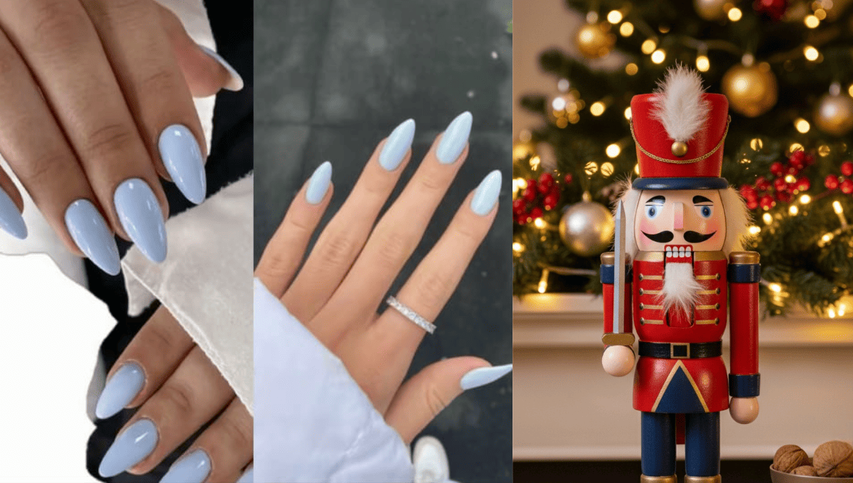 Diseños de baby blue nails para usar en fiestas de Navidad
