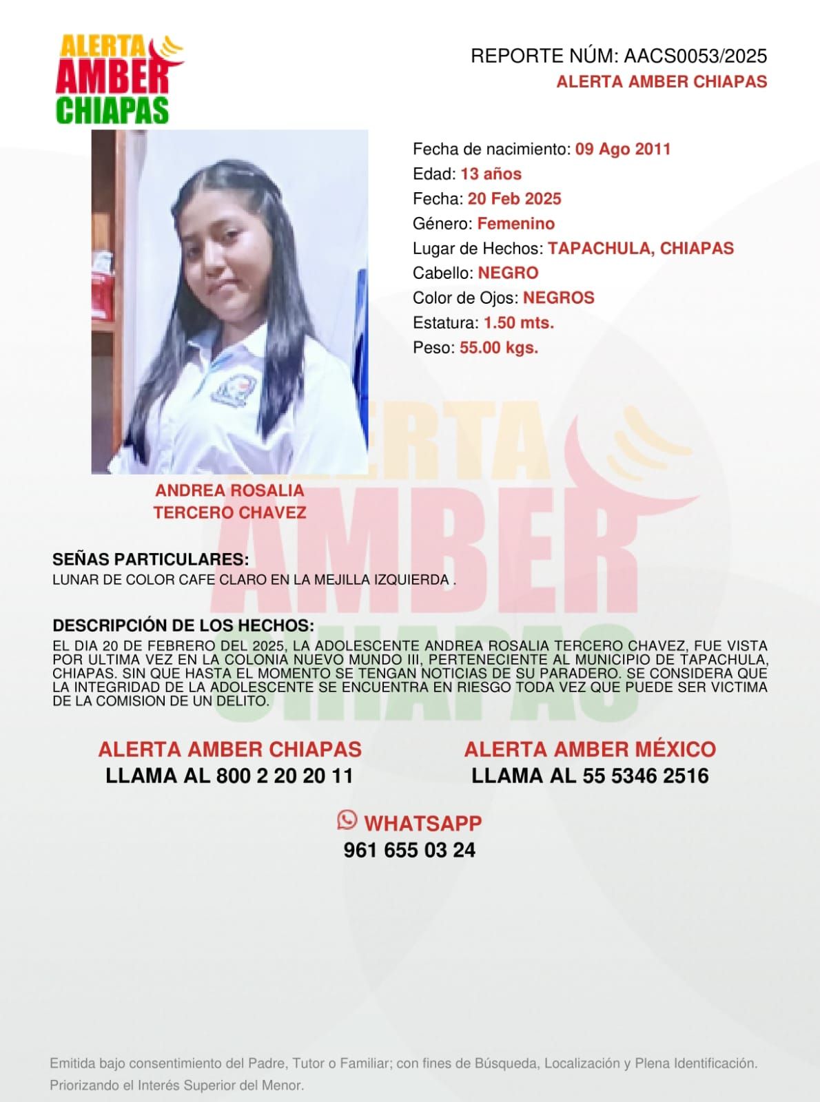 ALERTA AMBER CHIAPAS 2025: Andrea Rosalía desapareció en Tapachula