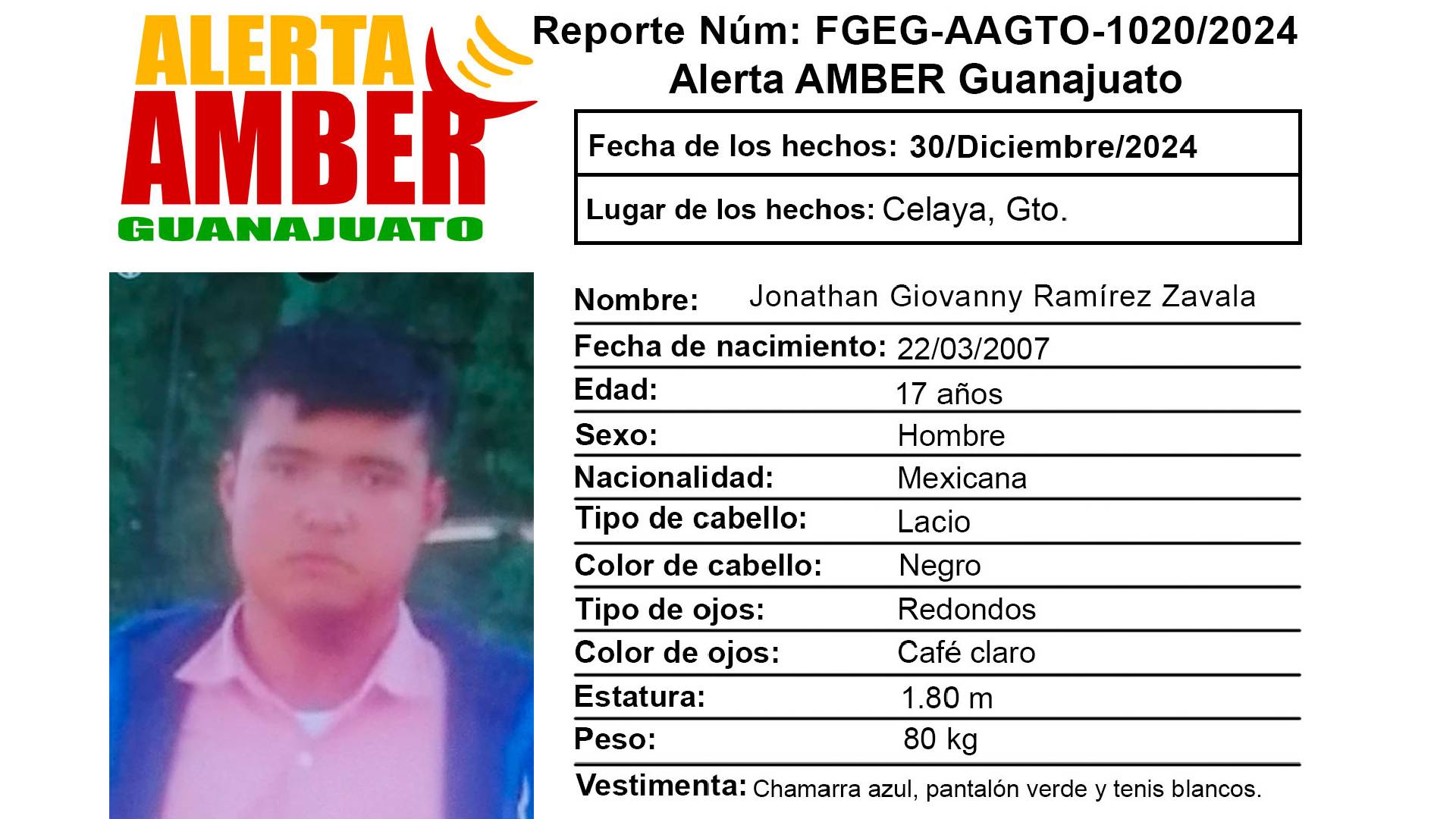 Alerta Amber en Guanajuato: Desaparece Jonathan Giovanny en Celaya