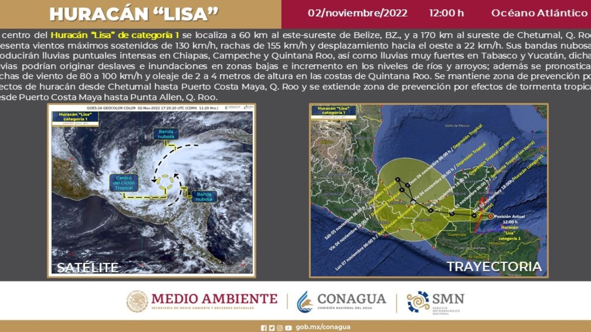 Lisa, huracán categoría 1, está a 170 km al sureste de Chetumal