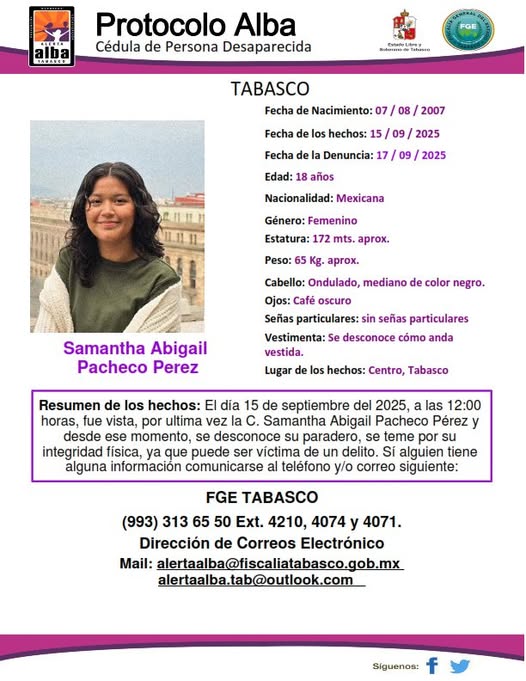 Protocolo Alba Tabasco: Samantha Abigail tiene 18 años y desapareció en ...