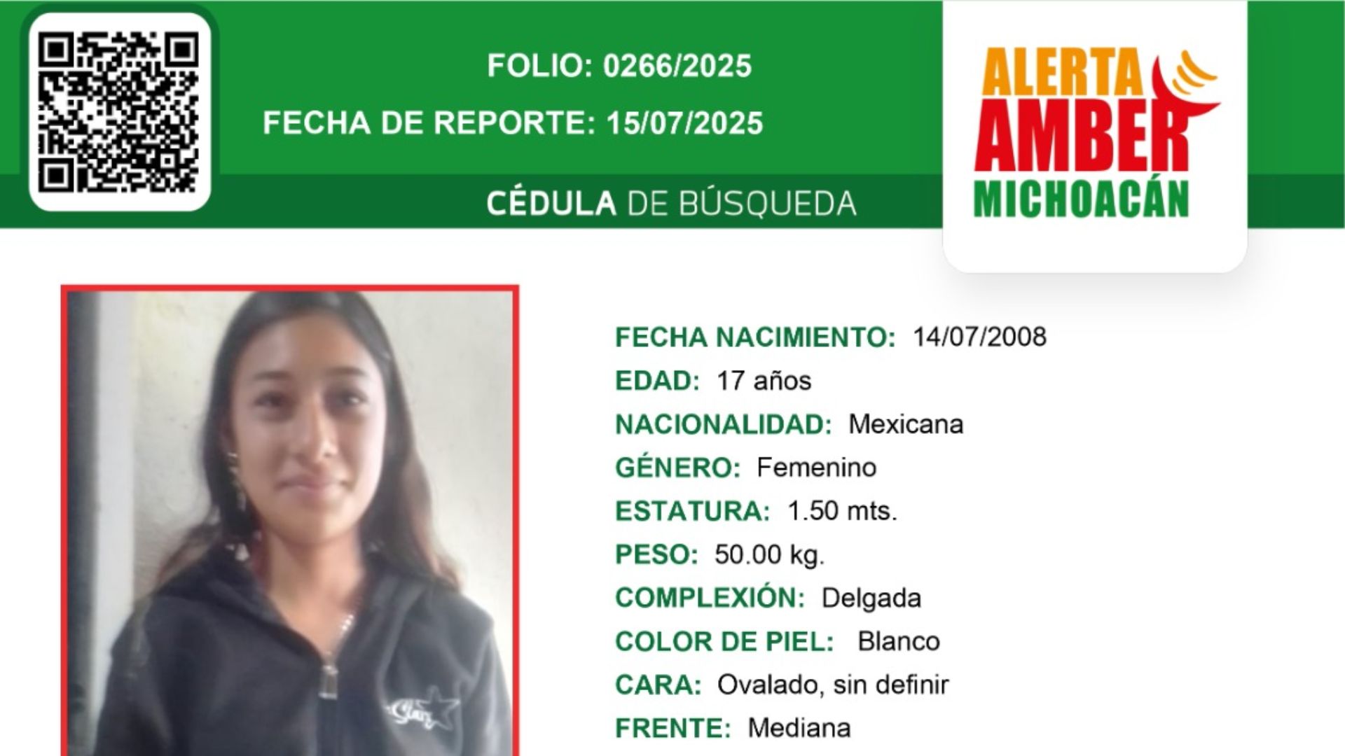 Desaparecida Ana Luz T. P. Morelia, Michoacán 15 Julio 2025: Alerta AMBER