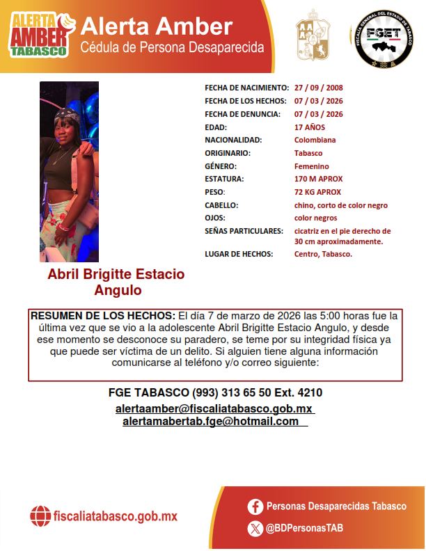 Alerta Amber Tabasco: Abril Brigitte tiene 17 años y fue vista por ...